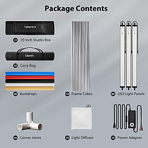 Takerers Photo Studio Light Box,39x39 Inch/100x100cm 210 LED Professional Photo Background Shooting Tent with 3 Stepless Dimming Light Panel, Lightbox with 5 Color Backdrops for Product Photography