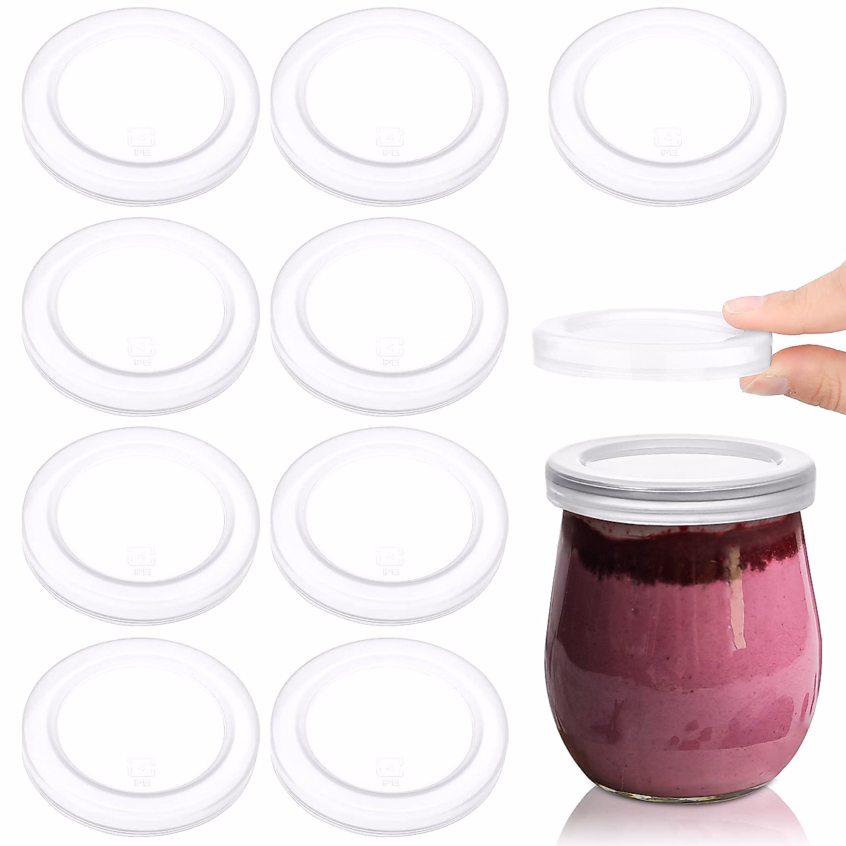 Hoolerry 10 Pcs Yogurt Jar Lids Set 2.64 Inch Clear Plastic Food Storage Replacement Lids Covers Compatible with Oui Yogurt Jars for Coffee Cookie Supplies (10 Pcs, 2.64 Inch)
