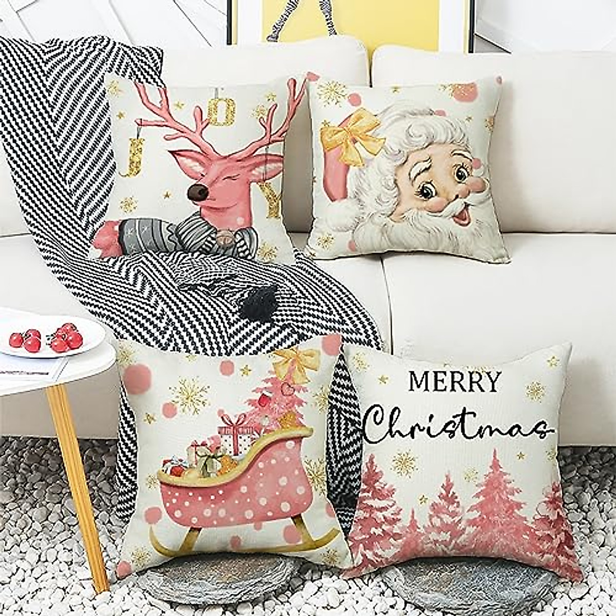 wyooxoo Christmas Pillow Covers 16x16 Inch Set of 4 Christmas Tree Reindeer Pink Decorations Throw Pillow Covers Winter Holiday Decor Linen Pillowcase for Sofa Couch Home Decor (16" x 16", Pink)