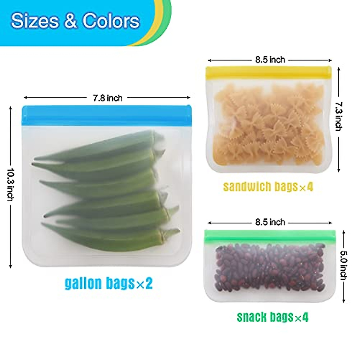 10 Pack Reusable Food Storage Bags, BPA Free Reusable Freezer Bags(2 Reusable Gallon Bags + 4 Leakproof Reusable Sandwich Bags + 4 Food Grade Kids Snack Bags) Resealable Lunch Bag for Meat Fruit Veggies