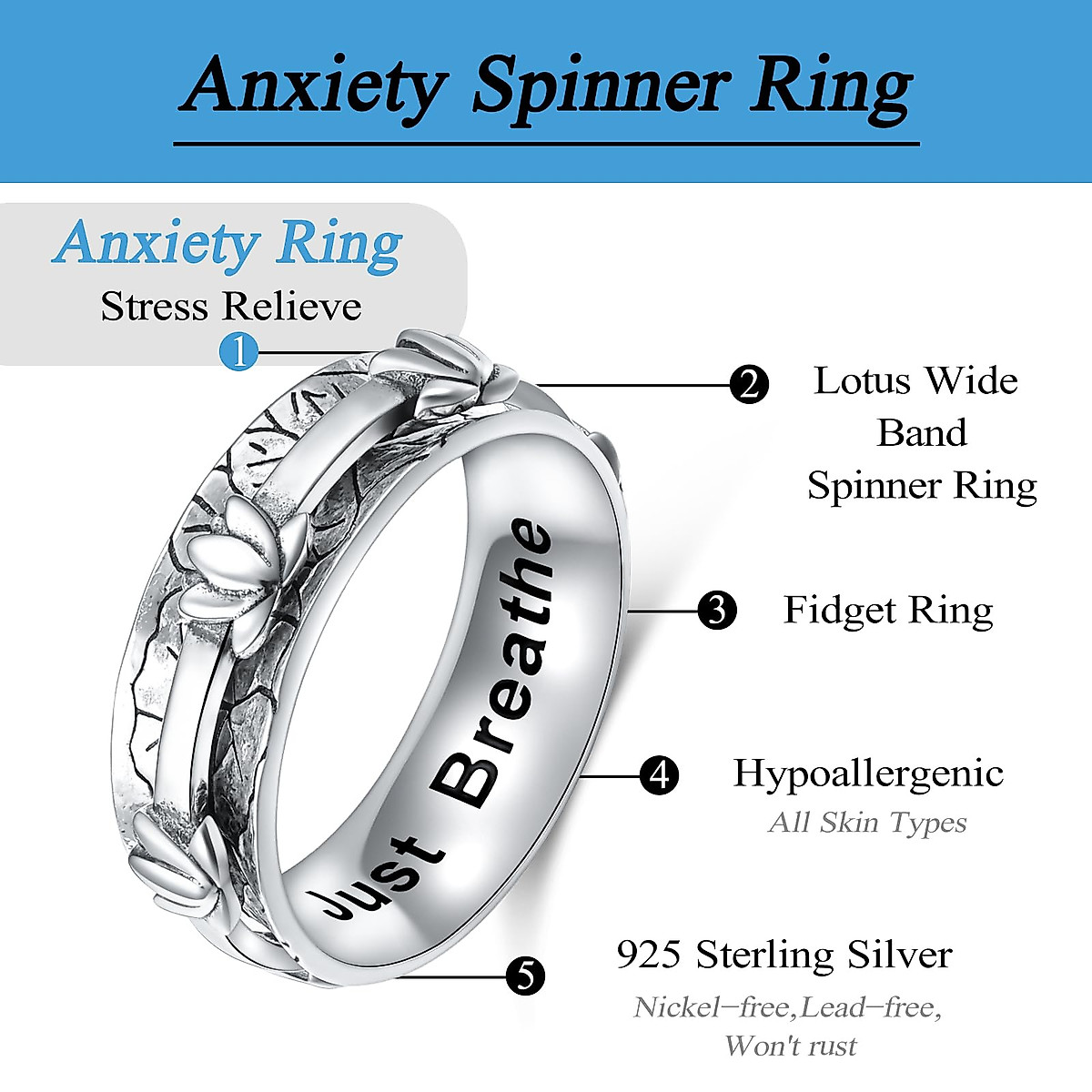 Ladytree Lotus Anxiety Relieve Spinner Rings Just Breathe Yoga Flower Fidget Ring Wide Band Oxidized Sterling Silver ADHD Stress Relieving Ring for Women(7)