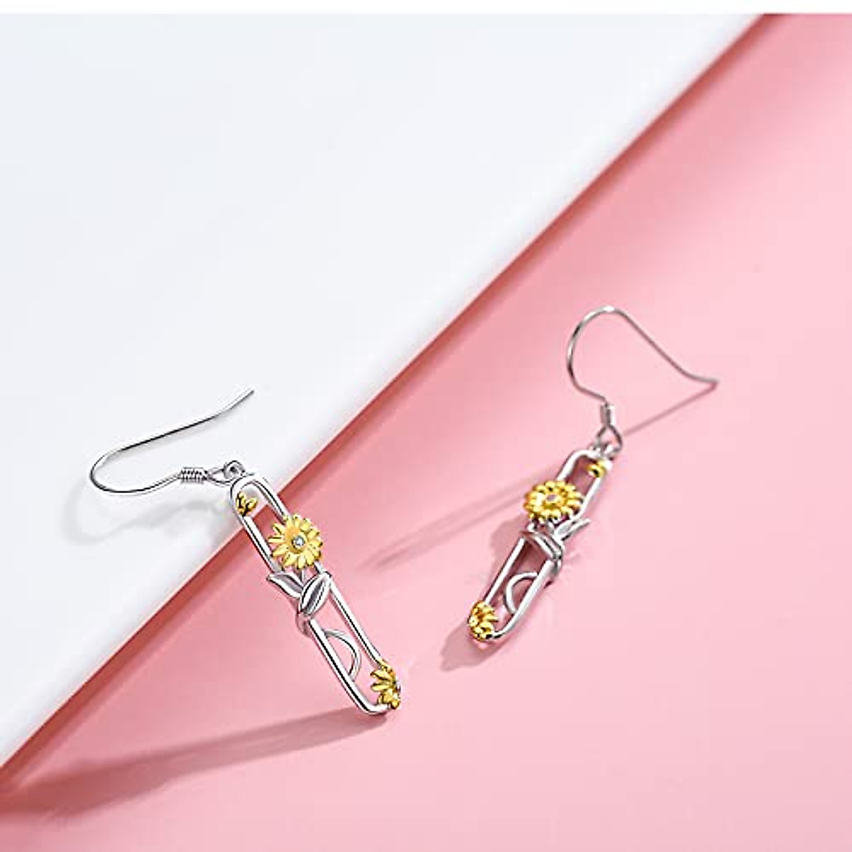 Sunflower Dangle Earrings, 925 Sterling Silver Rectangle Vine Sunflower Drop Earrings,You Are My Sunshine Leverback Earrings Dainty Sunflower Jewelry Gift for Women
