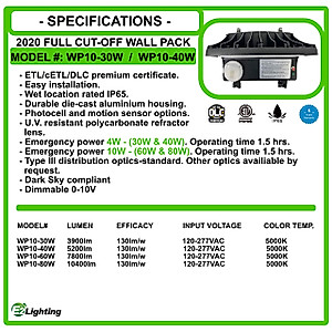 E2 lighting-LED Full Cut-Off Wall pack-40W with 2-in-1 Motion Sensor and Daylight Harvest, 90 Minutes Emergency Battery Backup, Wall Mount, dimmable, ROHS - UL, and DLC Certified