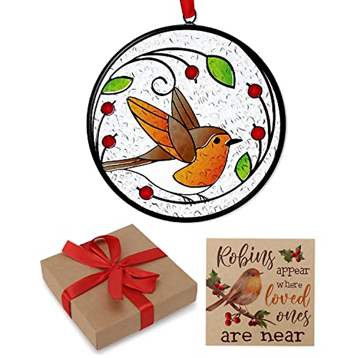 Bird Stained Glass Suncatcher Robin Bluebird Hand Painted Ornament Wall Window Hanging Double Side Redbreast Decor Birthday Lover Gift Box for Mom Grandma Teacher Women Friend with Memorial Card
