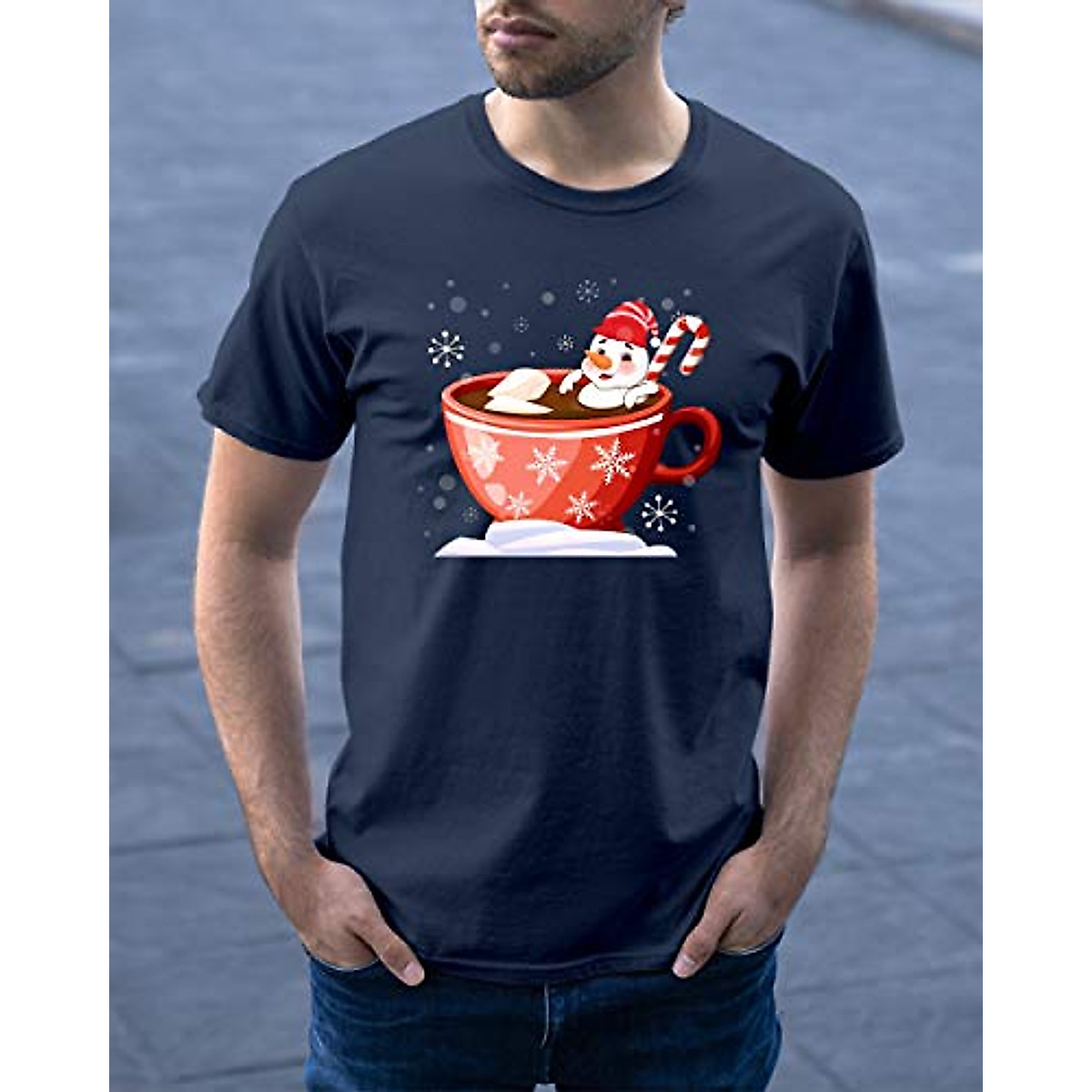 Merry Christmas Snowman in Hot Cocoa Chocolate Drinking Family Pajamas for Men Women Gift Unisex T-Shirt (Navy - 2XL)