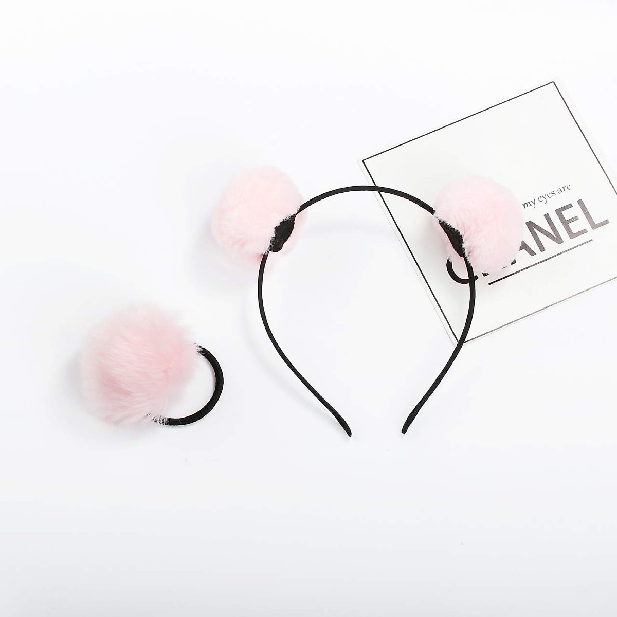 lasenersm 6 Pieces 3 Pairs Fluffy Furry Pom-Ball Headband and Elastic Hair Ties Fuzzy Faux Fur Animal Ears Double Pom-Headband Pom-Ball Hair Band for Girls and Women