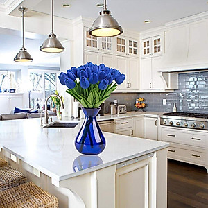 Lazeny 20 pcs Artificial Tulip Flowers Real Touch PU Bouquet Fake Flower Arrangements Indoor Outdoor Wedding Decoration Table Centerpieces, for Home Office Party Garden Porch Window Decor (Blue)