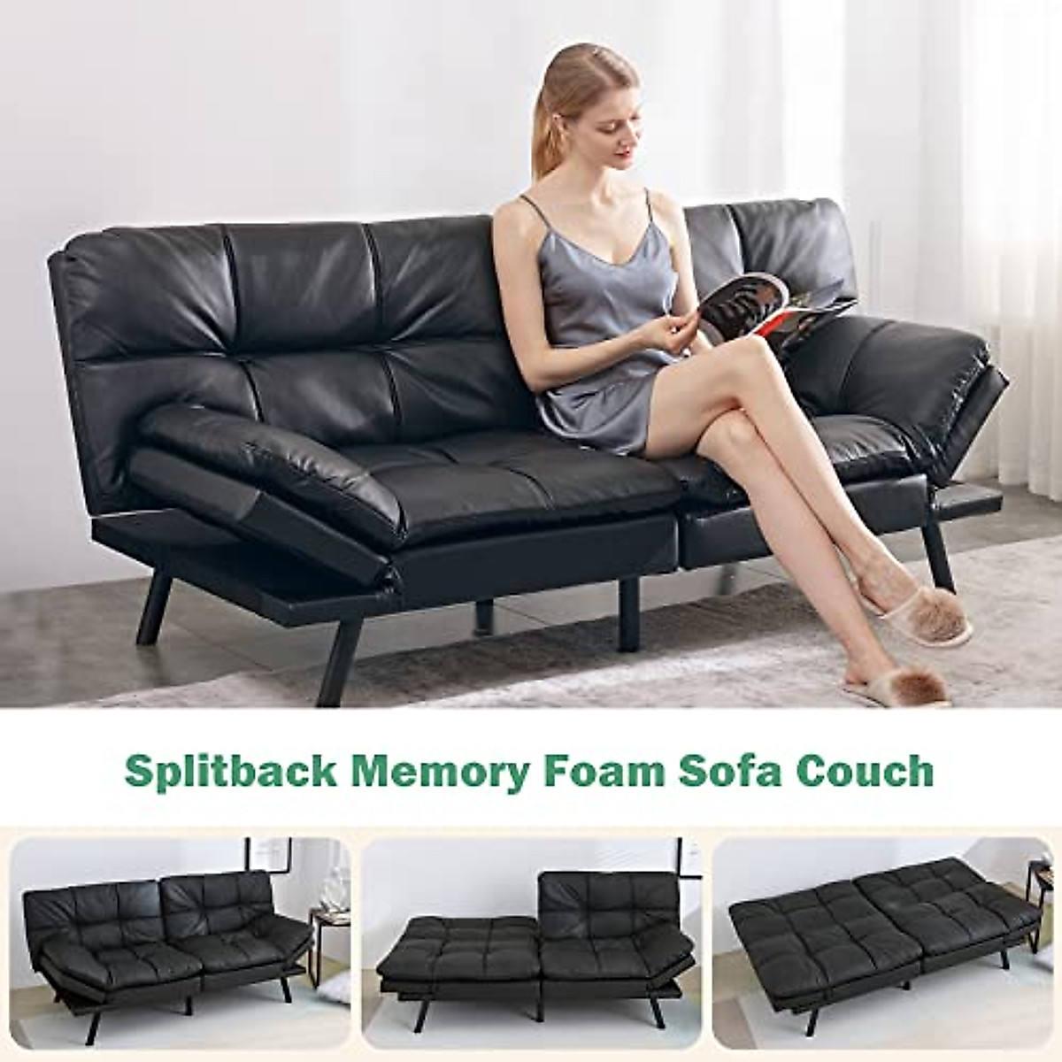 Vyfipt Futon Bed/Couch,Black Faux Leather Memory Foam Small Splitback Convert Backrests&Armrests,Easy to Clean Sofas, 71x33x31.5IN