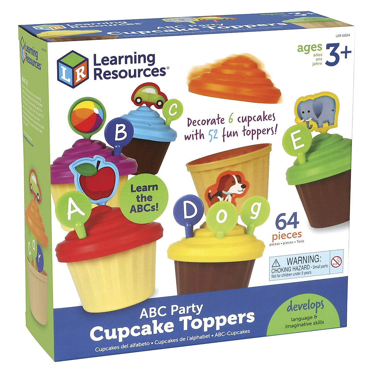 Learning Resources ABC Cupcake Party Toppers, Develops Language Skills, Early Alphabet Learning, Pretend Play Food, Vocabulary Toy, 64 pieces, Ages 3+