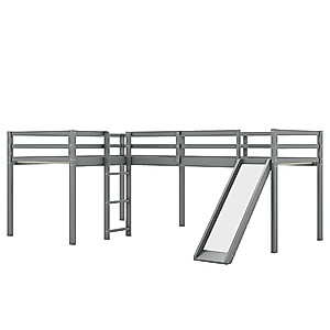 BOVZA L-Shaped Double Twin Size Loft Bed with Slide, Wooden Low Loft Bed Frame with Built-in Ladder and Safety Guardrail for 2 Kids Girls or Boys, Gray