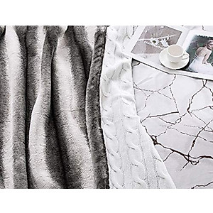 Cable Knit Sherpa Oversized Throw Reversible Blanket Faux Sheepskin Lined Cozy Cotton Blend Sweater Knitted Afghan in Grey White or Turquoise Blue (White Chinchilla)