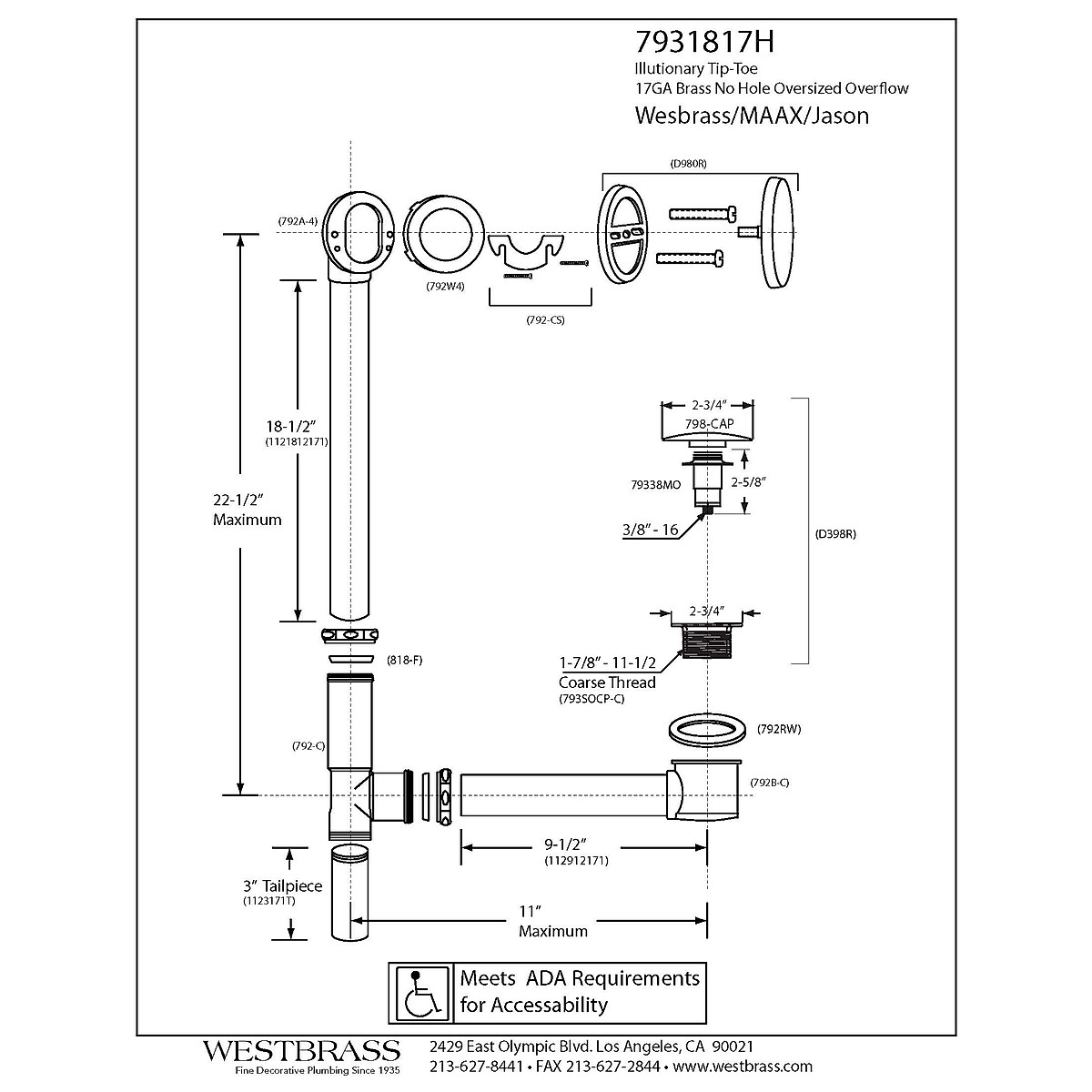 Westbrass 7931817H-12 22" 17 ga. Bath Waste & Overflow Assembly with Illusionary Faceplate and Tip-Toe Drain, 1-Pack, Oil Rubbed Bronze