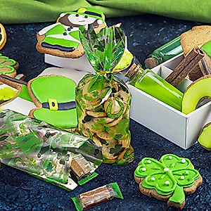 100 Pack St. Patrick Day Candy Cellophane Bag Lucky Shamrock Leprechaun Hat Treat Bag Leprechaun Footprint Lucky Cello Bag Shamrock Goody Bags Grab Bag(Style 4)