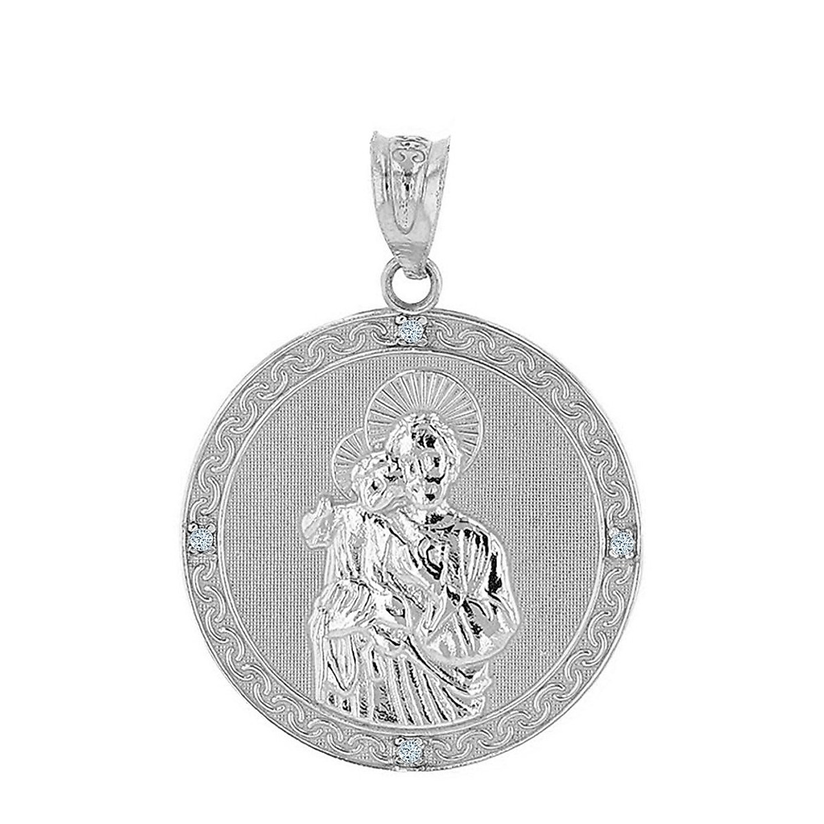 Saint Collection Fine 925 Sterling Silver CZ-Accented St Joseph Round Medal Pendant (1.15")
