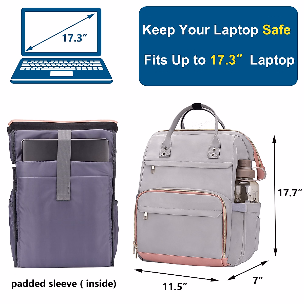 Erihop Teacher Backpack 17 Inch Laptop Bag for Women Fashion Backpack Purse, Work Backpack Tote Computer Bag with Charging Port,Travel Backpack, Grey&Pink