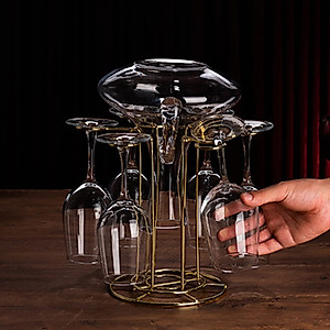 DOITOOL Wine Glass Holder Stand, Countertop Freestanding Stemware Drying Rack Vertical Wine Glass Display Storage Rack Tabletop Glass Display Hanger with 6 Hooks for Bar Kitchen Table, Gold