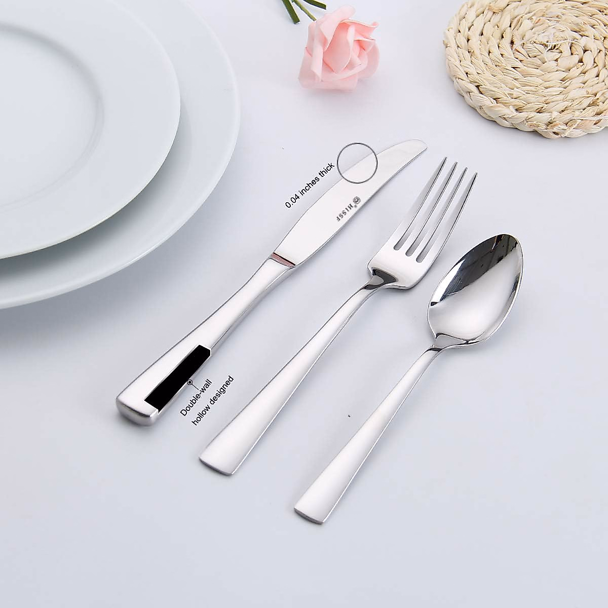 HISSF Cutlery Set, Silverware Set Serive for 6, 30 Pcs Stainless Steel Forks Spoons and Knives Set, Silver
