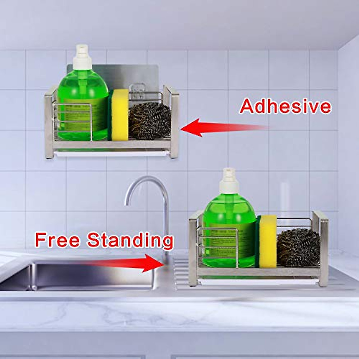 OTONIS Sponge Holder For Kitchen Sink Tray Organizer Adhesive Soap Holder, Dish Suction Cup Sponge Holder, Adhesive or Free Standing, SUS304 Stainless Steel, Silver