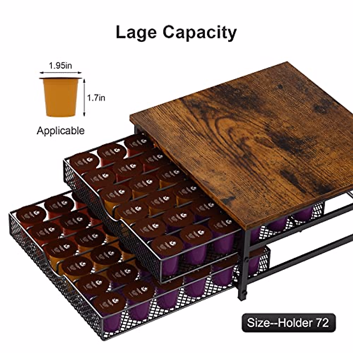 Coffee Pod Drawer K Cup Organizer 2-Tier Coffee Pod Storage Holder with Drawer Baskets 72 Capacity Coffee Capsule Storage Organizer Drawer, Industrial Brown and Black