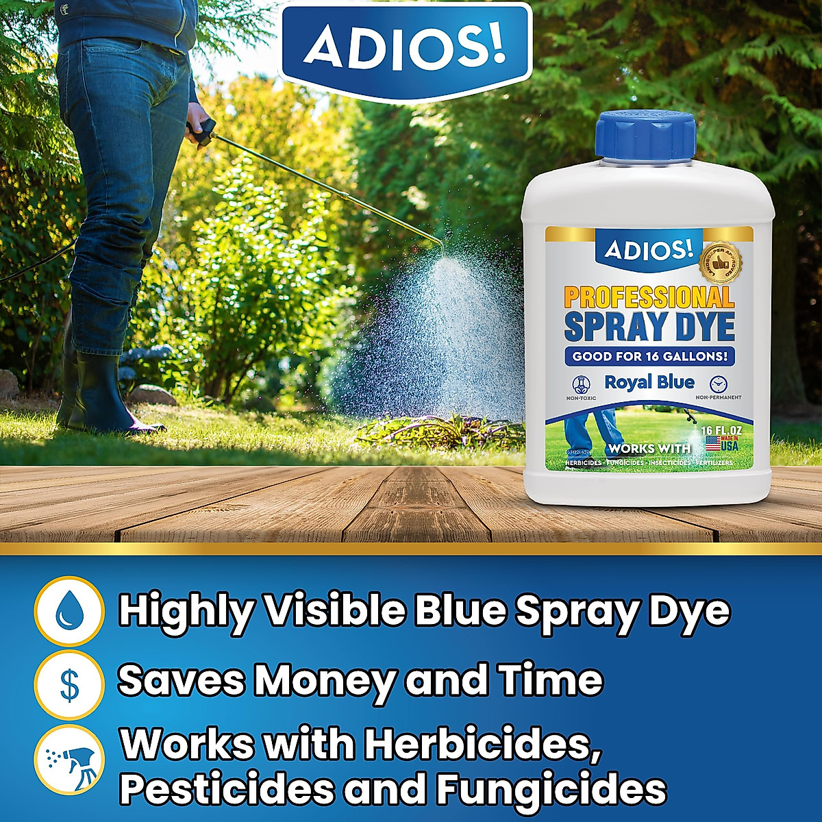 Adios! Professional Blue Spray Dye Marker, (16oz), Indicator for Grass and Lawn Care, Safe for Mixing