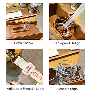 Kawaii Biscuit Water Bottle with Straw Lid and Strap Novelty Water Bottle for Kids Girls Outdoor Sports School Supplies Cute Aesthetic Birthday Gifts Cookie Leak-proof Water Bottle BPA Free (Pink)