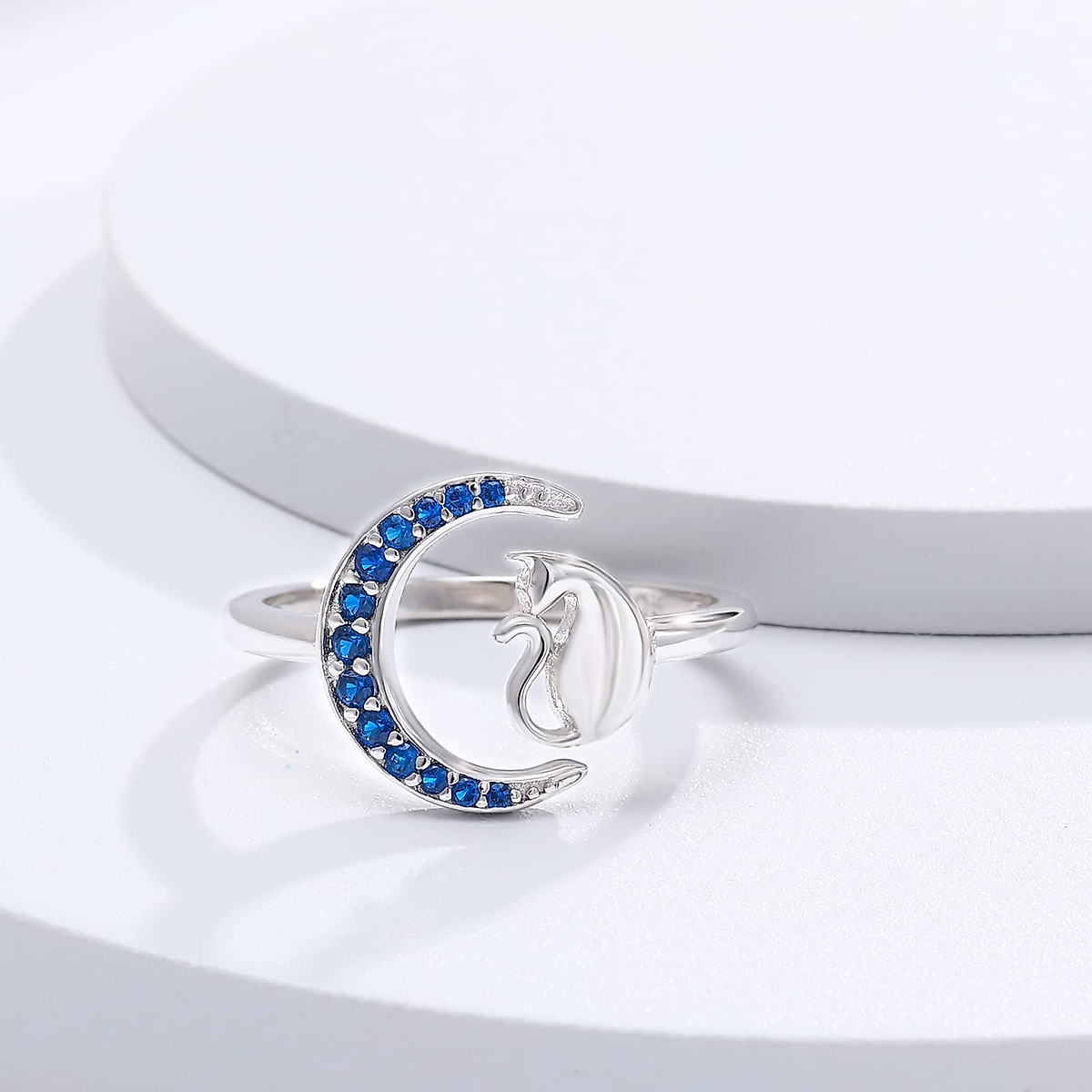 Adjustable Cat Moon Ring for Women: 925 Sterling Silver Cute Cats Rings Lovely Kitty Ring Blue Cubic Zirconia CZ Ring Finger Animal Open Bands Stackable Band Dainty Jewelry Birthday Gift for Teen Girl