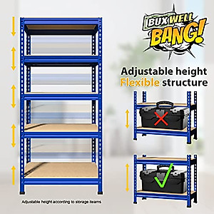 BuxWellBang 5-Shelf Heavy Duty Shelving - Adjustable Garage Storage Shelves, Metal Utility Storage Racks for Warehouse Pantry Basement Kitchen, Garage Organizers Shelf Unit, Blue