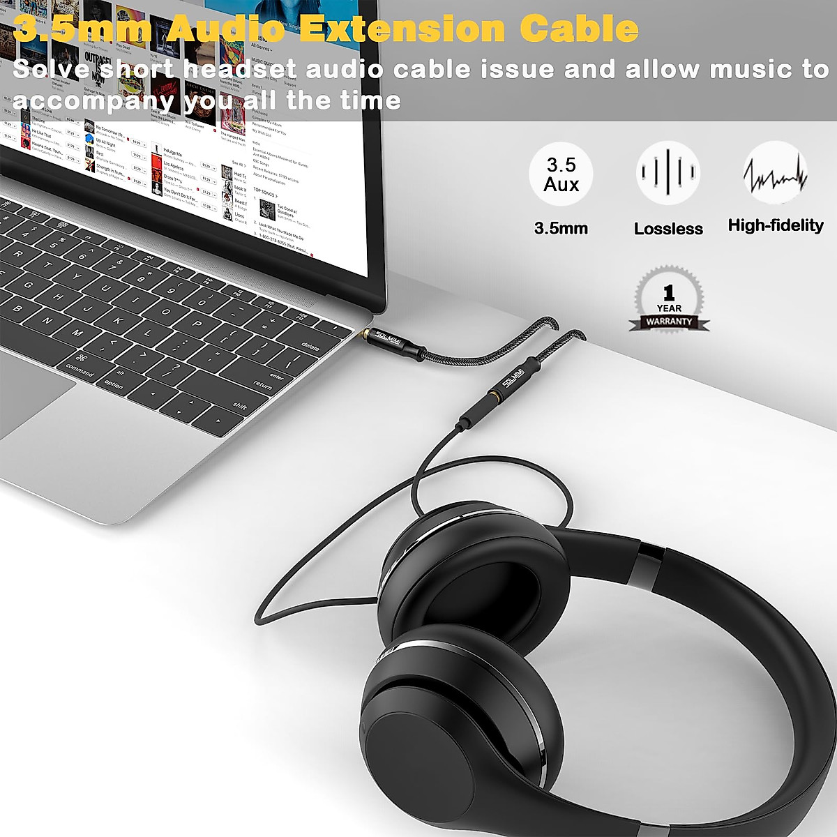 SOLMIMI 3.5 mm Headphone Extension Cable, TRRS 4-Pole Male to Female Headset Audio Extension Cable AUX Cord for Phones, Gaming headsets, TV, Laptop, PC, Car Audio, Speakers, MP3(7 Feet)