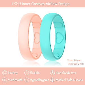 Silicone Ring Women - Heart [I Love U] Pattern Airflow Flow Grooves Breathable Rubber Wedding Bands for Women - 8 Rings / 4 Rings