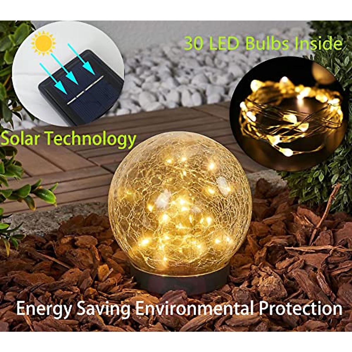 Garden Solar Lights Decorative,2 Packs Cracked Glass Solar Ball Lights Outdoor Waterproof, LED Outdoor Globe Lights,Outside Decor for Lawn Patio Yard Pathway Christmas Garden Decor（Warm White）