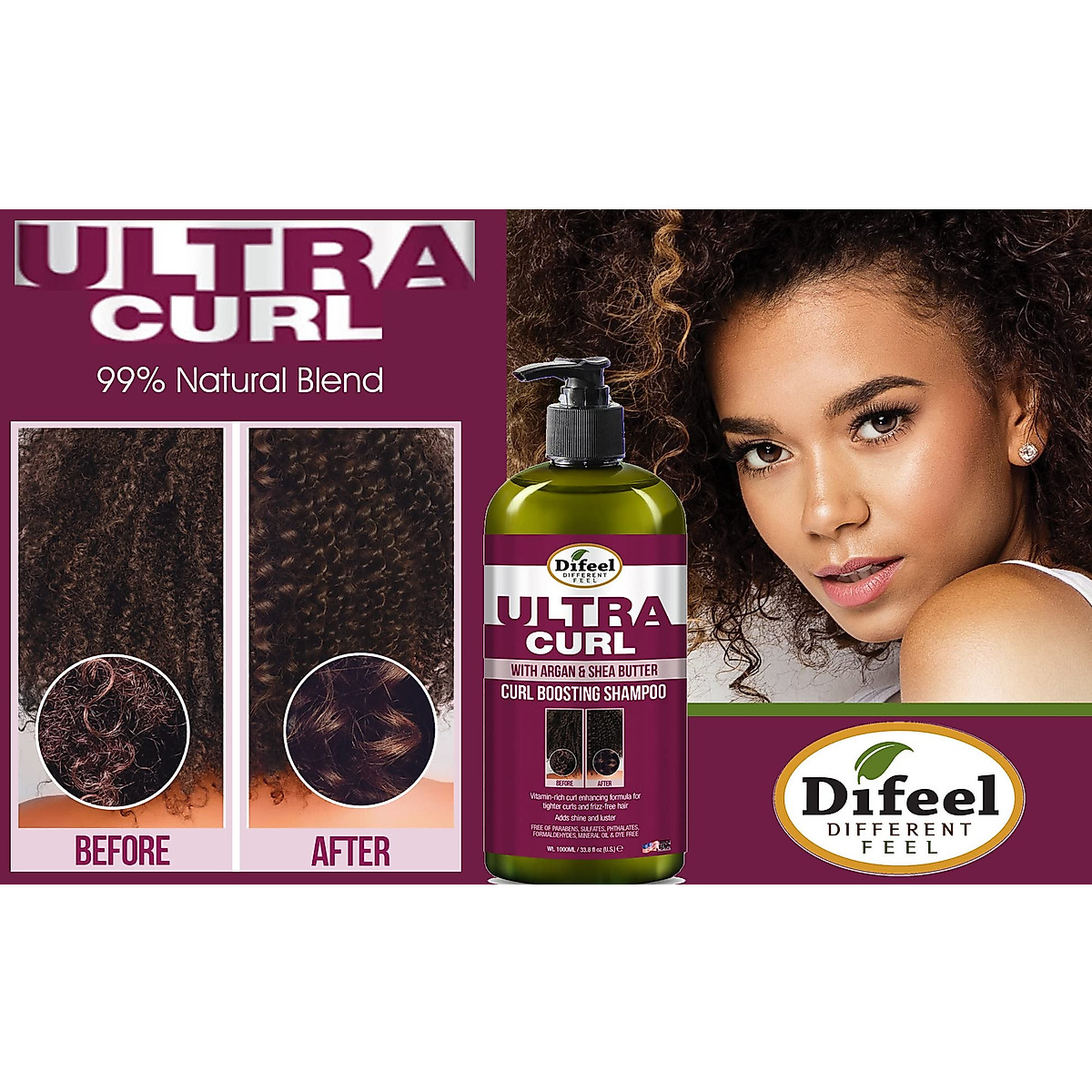 Difeel Ultra Curl with Argan & Shea Butter - Curl Boosting Shampoo 33.8 oz., Sulfate Free Shampoo Made with Natural Ingredients