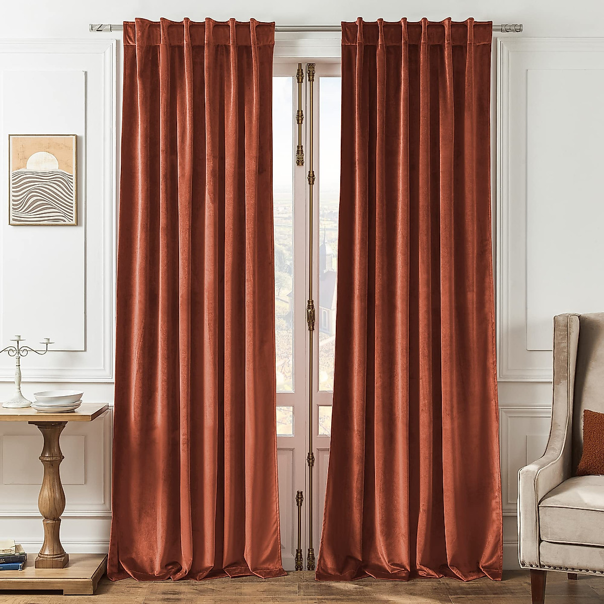 Timeper Red Velvet Curtains 96 inches - Holiday Decor Rust Velvet Curtains Back Tab Blackout Drapes Thick Soft Decorative Backdrop Curtains, Rust Red, W52 x L96, 2 Panels