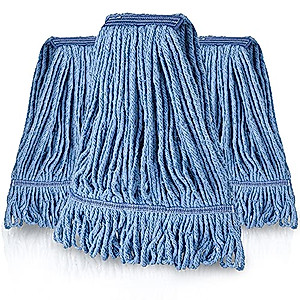 (3 Pack) Mop Head Replacement, Mop Heads Commercial Blue Cotton Looped End String, Wet Industrial Cleaning Mophead Replacements Refill, Reusable Washable Mops for Floor Cleaning Heavy Duty Mopheads