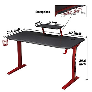 Foxemart Gaming Desk 47 inch PC Gaming Desk, Game Computer Desk Workstation, T-Shaped Professional Gaming Desk, Home Office Computer Table with Cup Holder & Headphone Hook