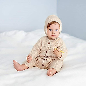 mimixiong Cotton Baby Romper Newborn Baby Knitted Clothes Longsleeve Sweater Outfit for Boy and Girls with Warm Hat Set Camel