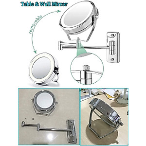7X Magnifying Lighted Makeup Mirror Wall Mounted Swivel Mirror 6-inch Extending Folding Double Side Cosmetic Bathroom Shaving Mirror Matte Round Chrome Finished Powered by Batteries Vanity Mirror