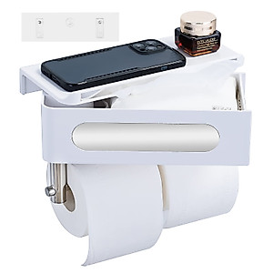 White Bathroom Toilet Paper Holder with Shelf and 180°Rotation Movable Storage Box, ABS Material Wall Mount Double Roll Tissue Holder Dispenser, Punching or Self Adhesive Two Different Installation