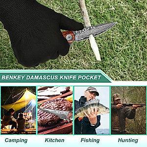 Benkey Damascus Folding Knife with Clip Leather Sheath Camping Knife EDC, Sharp Damascus Pocket Knife Handmade with Liner Lock and Wood Handle for Outdoor Survival Hunting Collection