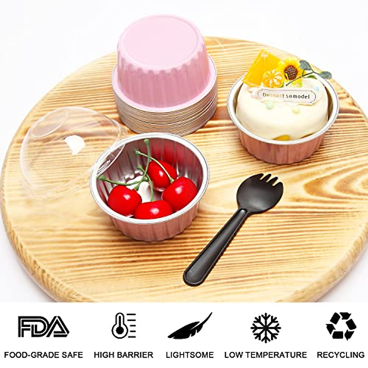 Jumbo Muffin Liners with Lids 50 Pack,Free-Air 5oz Aluminum Foil Cupcake Cups Muffin Tins,Disposable Ramekins Cupcake Baking Pans Cupcake Holders for Custard Mini Pie -Pink