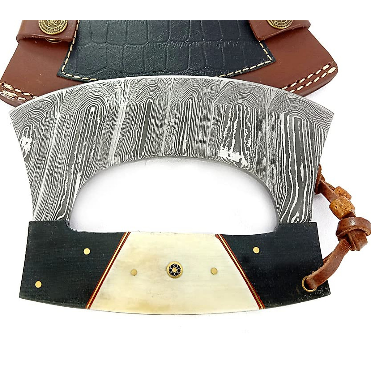 Damascus Steel alaskan Ulu Knife - Fixed Blade knife for Chopping Boning Slicing Cutting with Leather Sheath. SM149