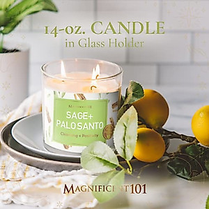 Magnificent 101 Sage & Palo Santo Energy Cleansing Candle in 14-oz. Glass Holder: 100% Natural Soy Wax & Essential Oils for Smudging, Aromatherapy, Meditation, Intention Setting; Housewarming Gift