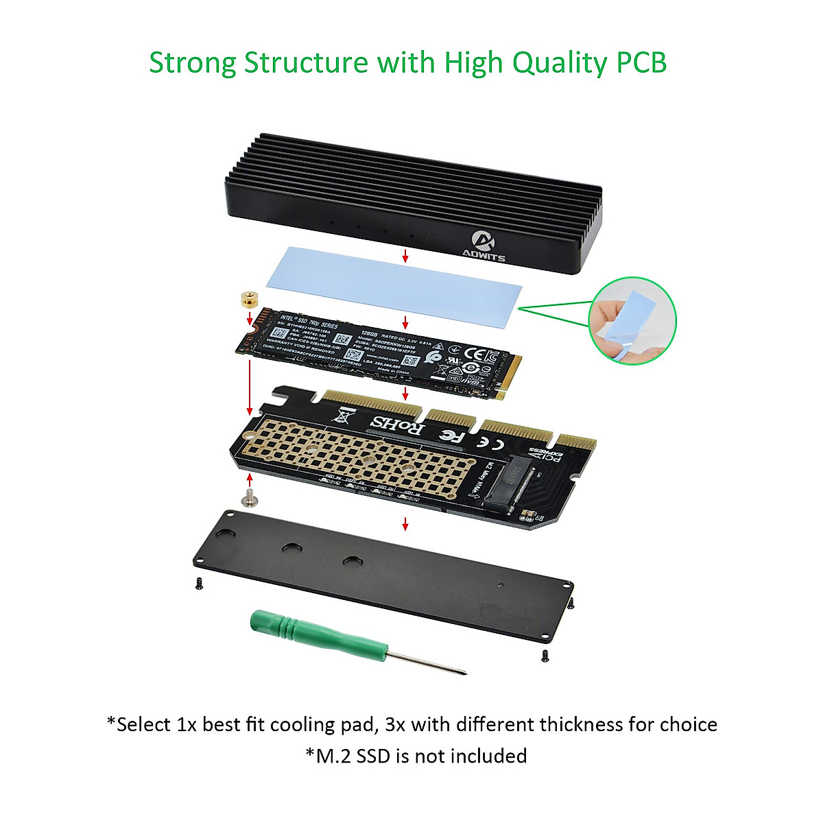 A ADWITS PCI Express 3.0 x16 to PCIe-based NVMe and AHCI SSD Adapter Card with Heat Sink, Fits M.2 (NGFF) Form Factor with Key M in Size 2230/2242/2260/2280