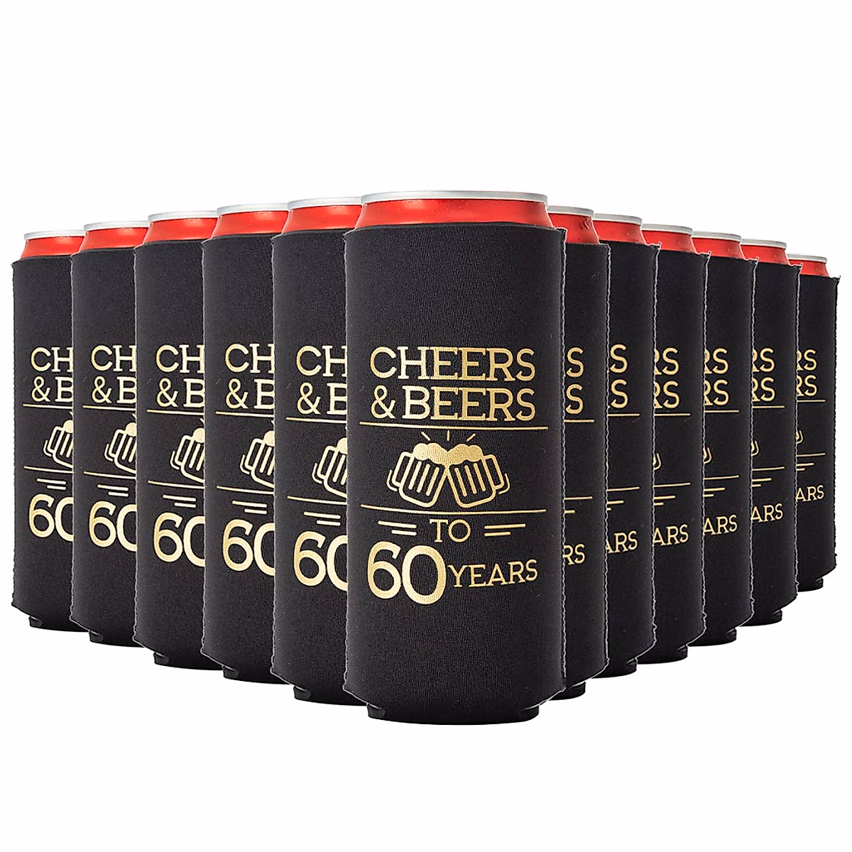 Cheers and Beers to 60 Years Can Coolers, 60th Birthday Party Coolies, Set of 12, Black and Gold Can Coolers, Perfect for Birthday Parties, Birthday Decorations