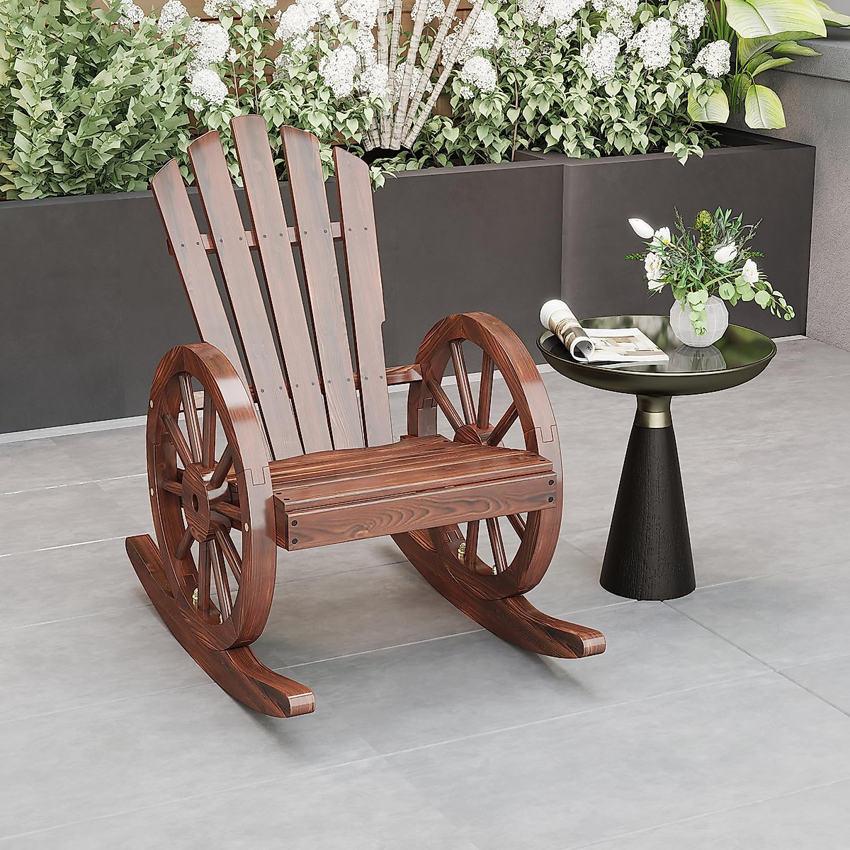 ide·o Outdoor Wood Wagon Bench - with Wheel Armrest Rustic Fir Wooden Patio Lounge Rocker for Patio Garden Country Yard