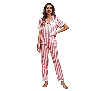 WDIRARA Women's 2 Piece Sleepwear Striped Satin Short Sleeve Shirt and Pants Pajama Set Pink M