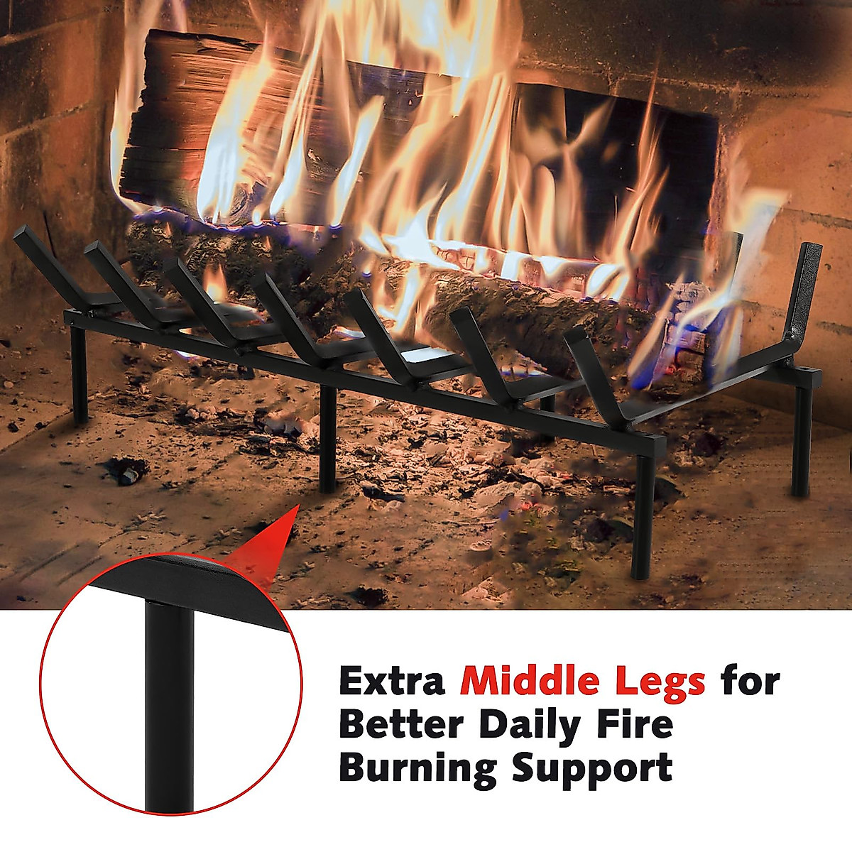 SINGLYFIRE Fireplace Grate 24 inch Heavy Duty Solid Steel Fireplace Log Holder 3/4" Bar Fire Grate Wrought Iron Wood Stove Holder Firewood Burning Rack for Indoor Outdoor Chimney Hearth Kindling Tool