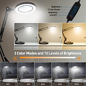KMDES Magnifying Glass with Light and Stand, 10X Real Glass LED Magnifying Lamp, 3 Color Modes 10 Level Dimmable Lighted Magnifying Glass, 2-in-1 Magnifier Desk Lamp & Clamp for Reading Crafts Repair