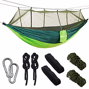 IDEALUX Camping Hammock with Net, Lightweight Portable Double Parachute Hammocks, 210T Nylon, High Capacity and Tear Resistance, Perfect for Camping, Backyard Relaxation (Green)