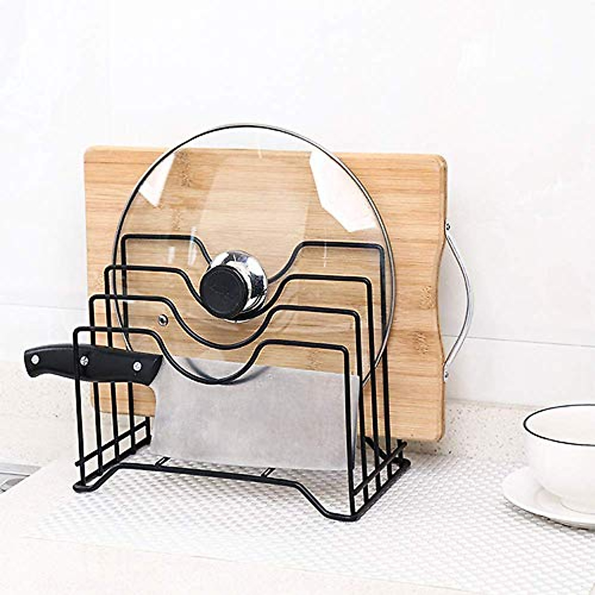 Stainless Iron Cutting Board Holder, Cutting Board Storage Organizer , Pot Lid Rack Organizer Kitchen Cabinet Rack Storage with 4 Sectional (Black)