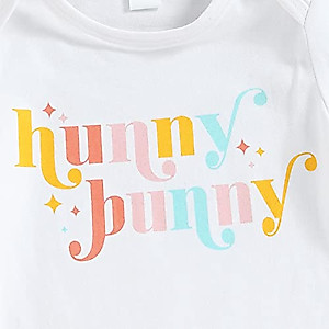 FIOMVA 3Pcs Easter Outfit Baby Girl Short Sleeve Hunny Bunny Romper Bodysuit Rabbit Shorts Headband My 1st Easter Clothes with tail